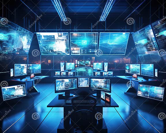 Screens in the Control Room of the Command Center. Stock Illustration ...
