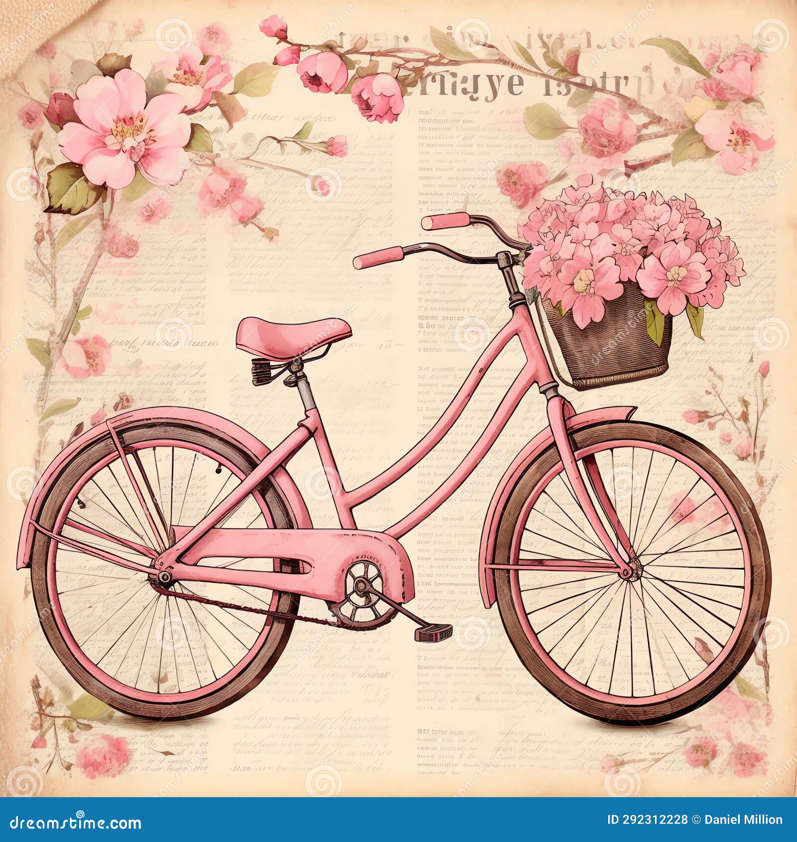 Cottagecore Bicycle Old Paper, Vintage Digital Paper Stock Illustration ...