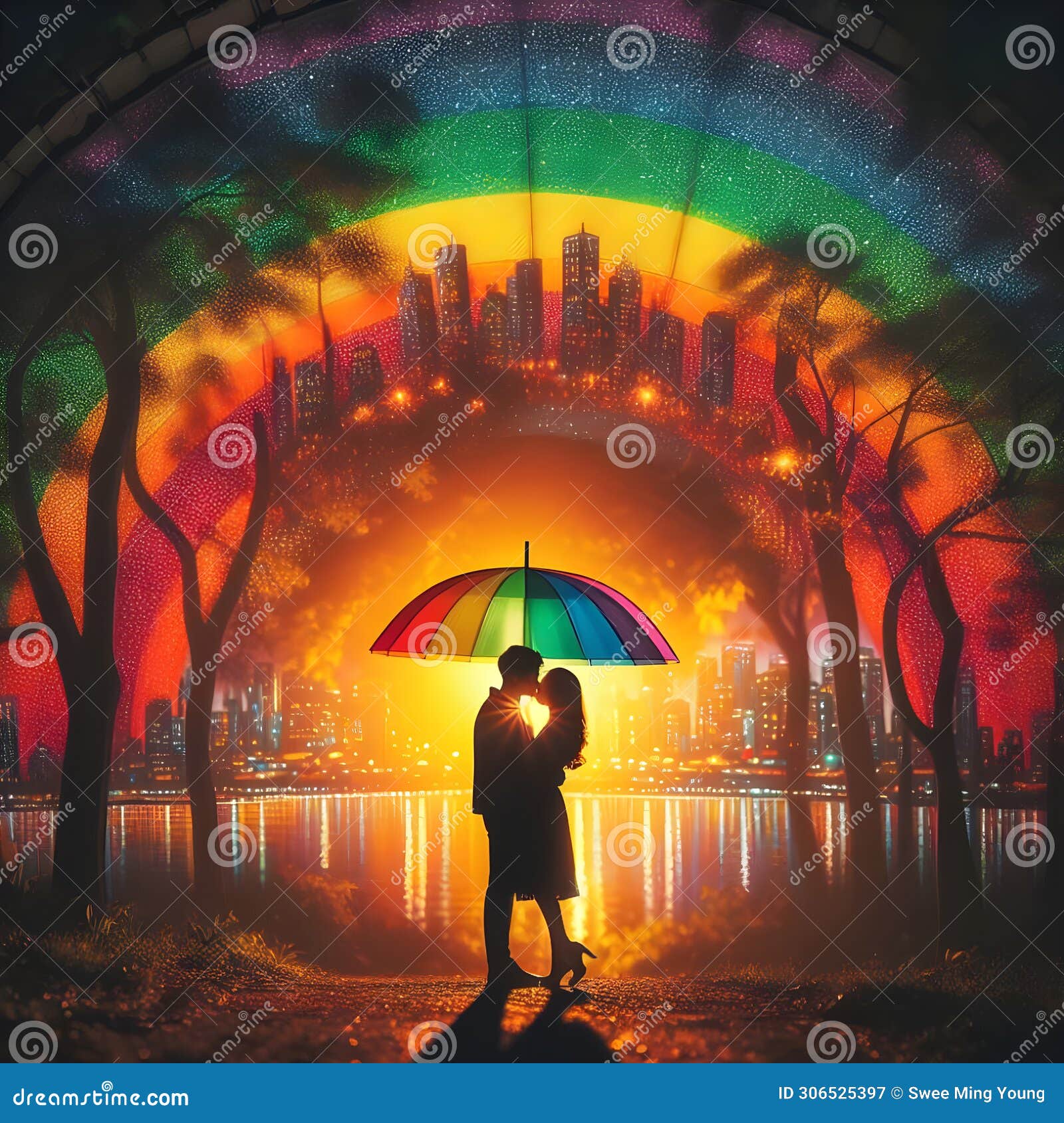 Image of a Couple Kissing Under the Red Umbrella Painted in Dima Dmitriev Style. Stock ...