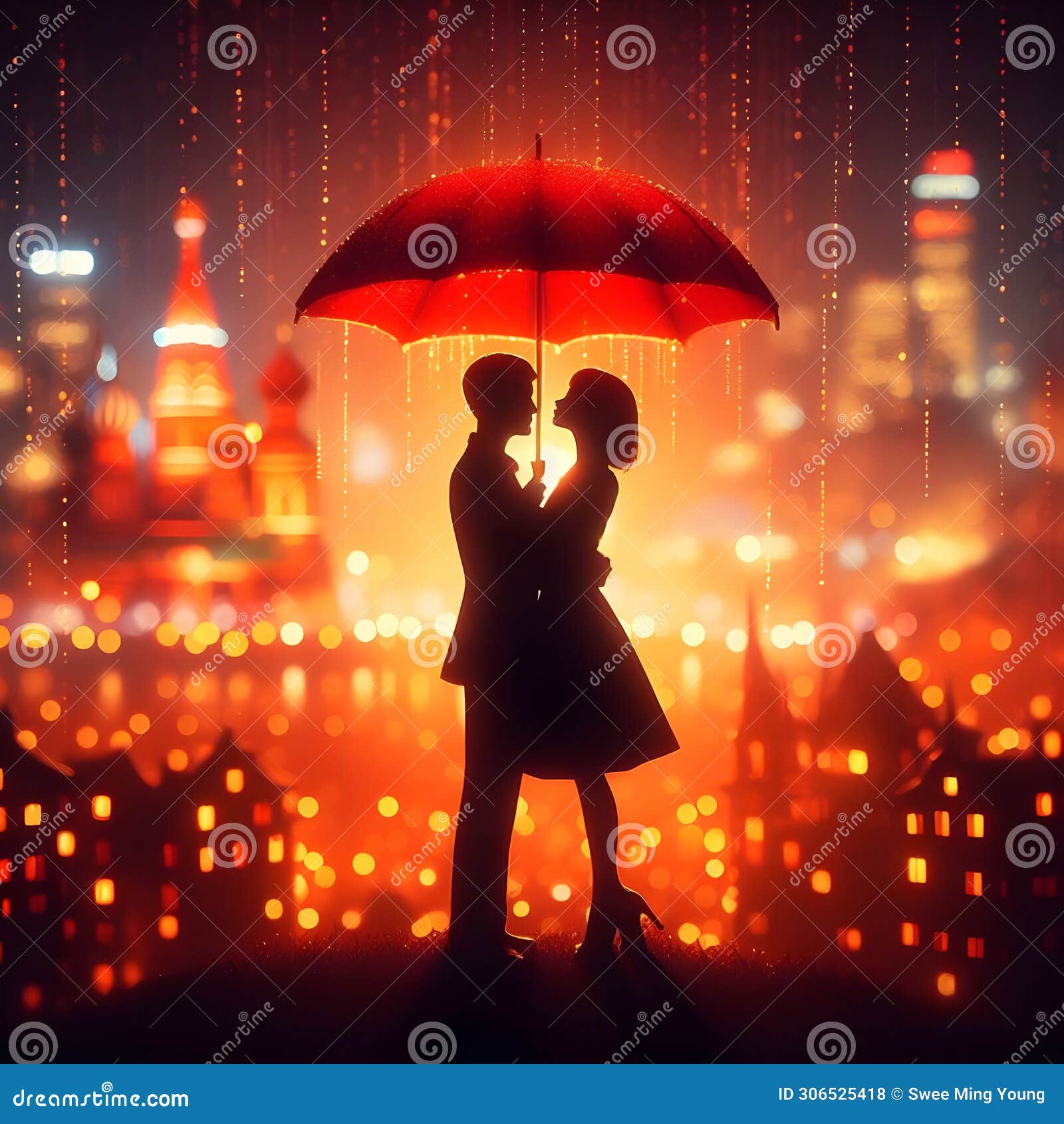 Image of a Couple Kissing Under the Red Umbrella Painted in Dima ...