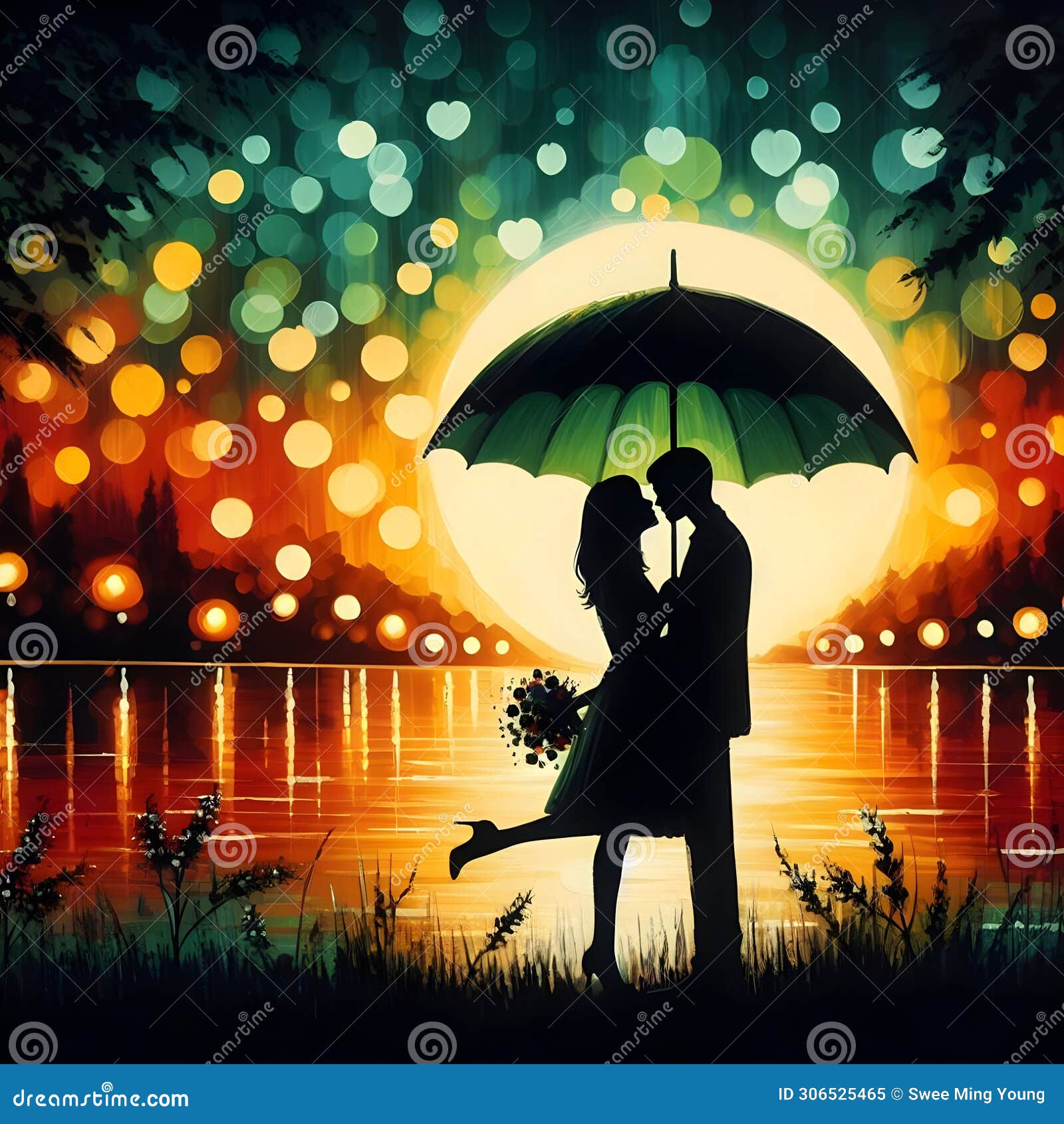 Image of a Couple Kissing Under the Red Umbrella Painted in Dima ...