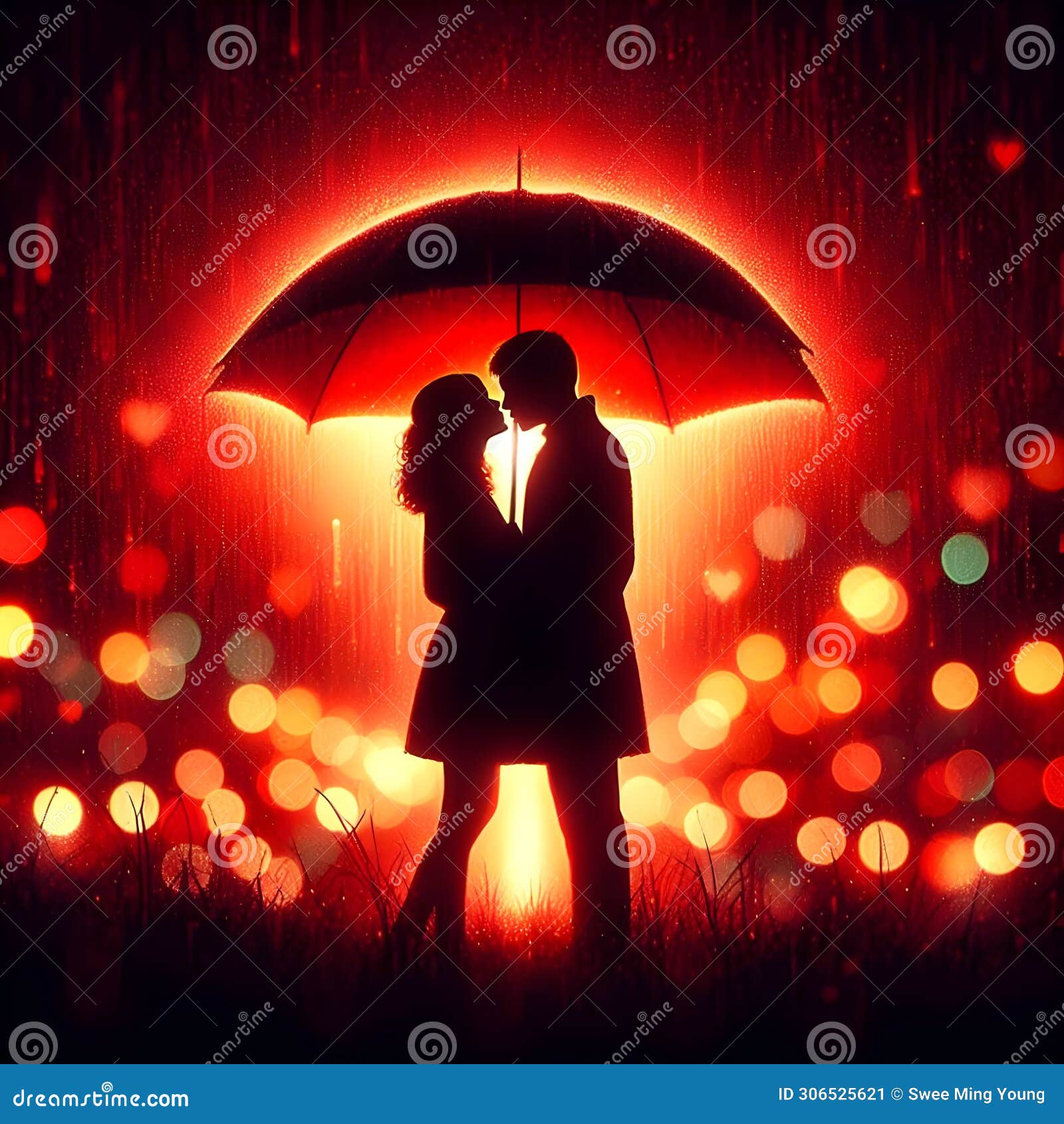 Image of a Couple Kissing Under the Red Umbrella Painted in Dima ...
