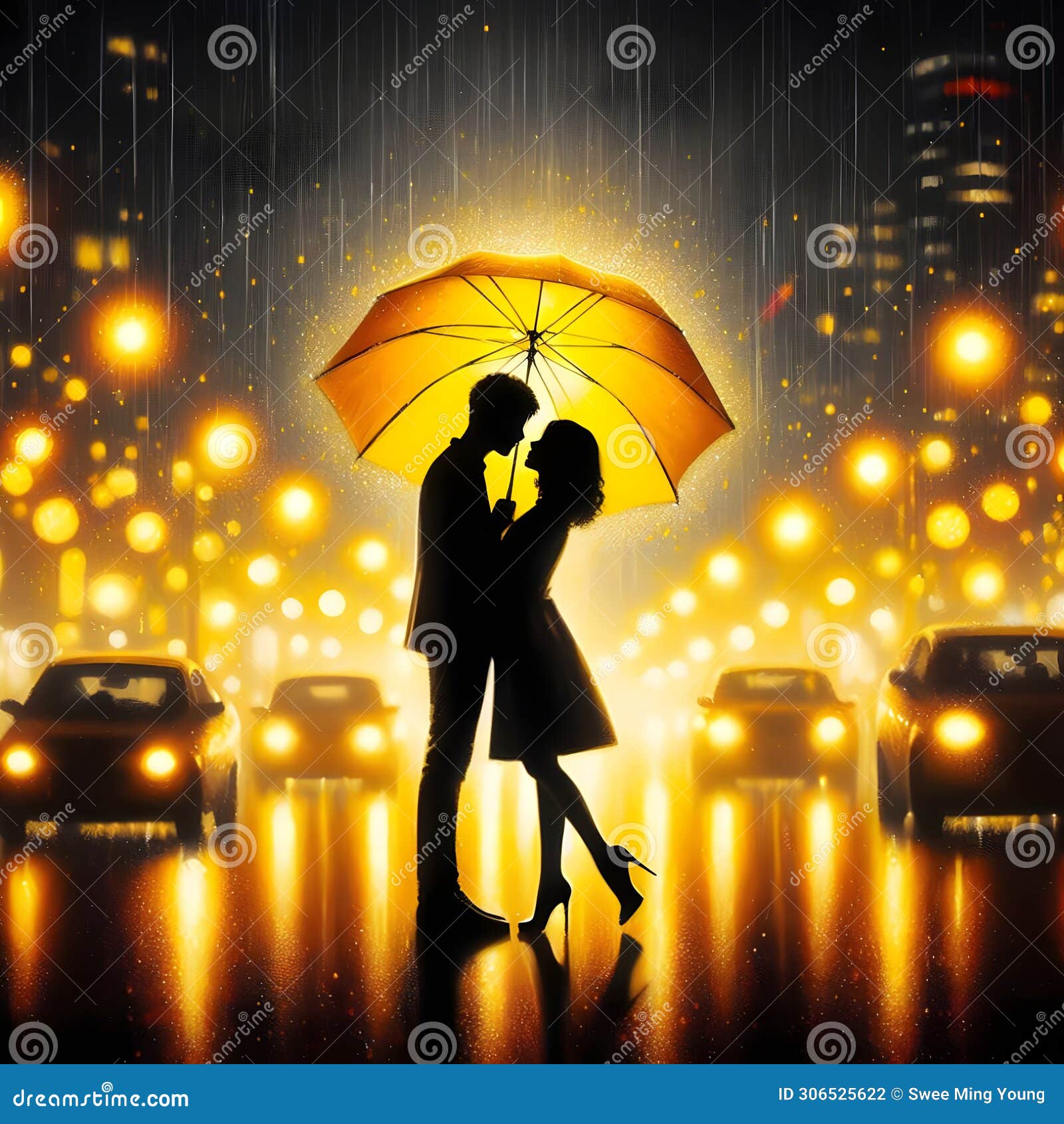 Image of a Couple Kissing Under the Red Umbrella Painted in Dima ...