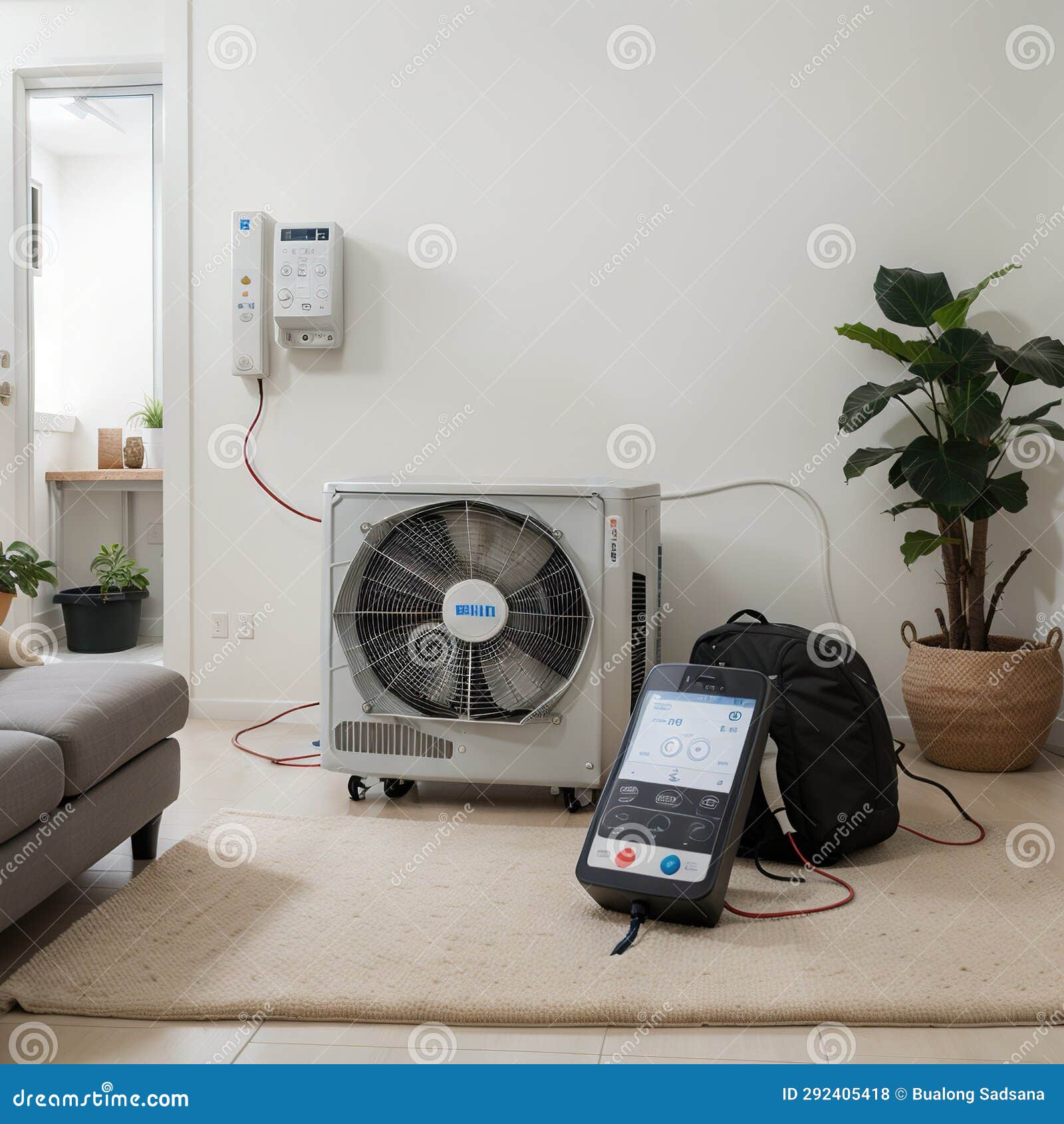 Couple Using a Convenient Air Conditioning System at Home and Setting ...