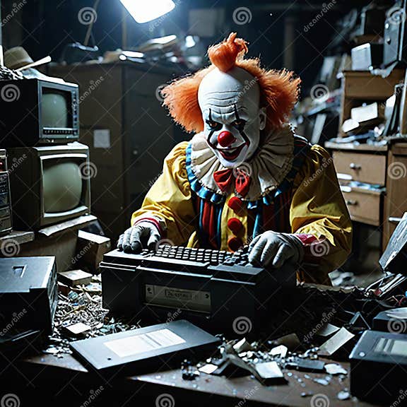 Scary Clown Playing an Old Computer in the Dark Room Stock Illustration ...