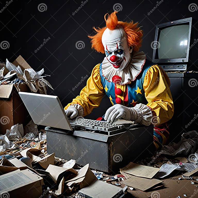 Scary Clown Playing an Old Computer in the Dark Room Stock Illustration ...