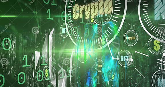 Image of Crypto in Circle Over Binary Code on Green Background Stock ...