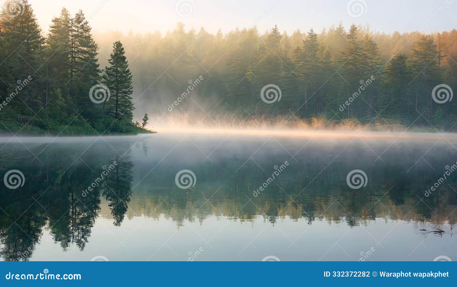 Image Of A Crystal Clear Lake In A Mist-shrouded Forest. Stock ...
