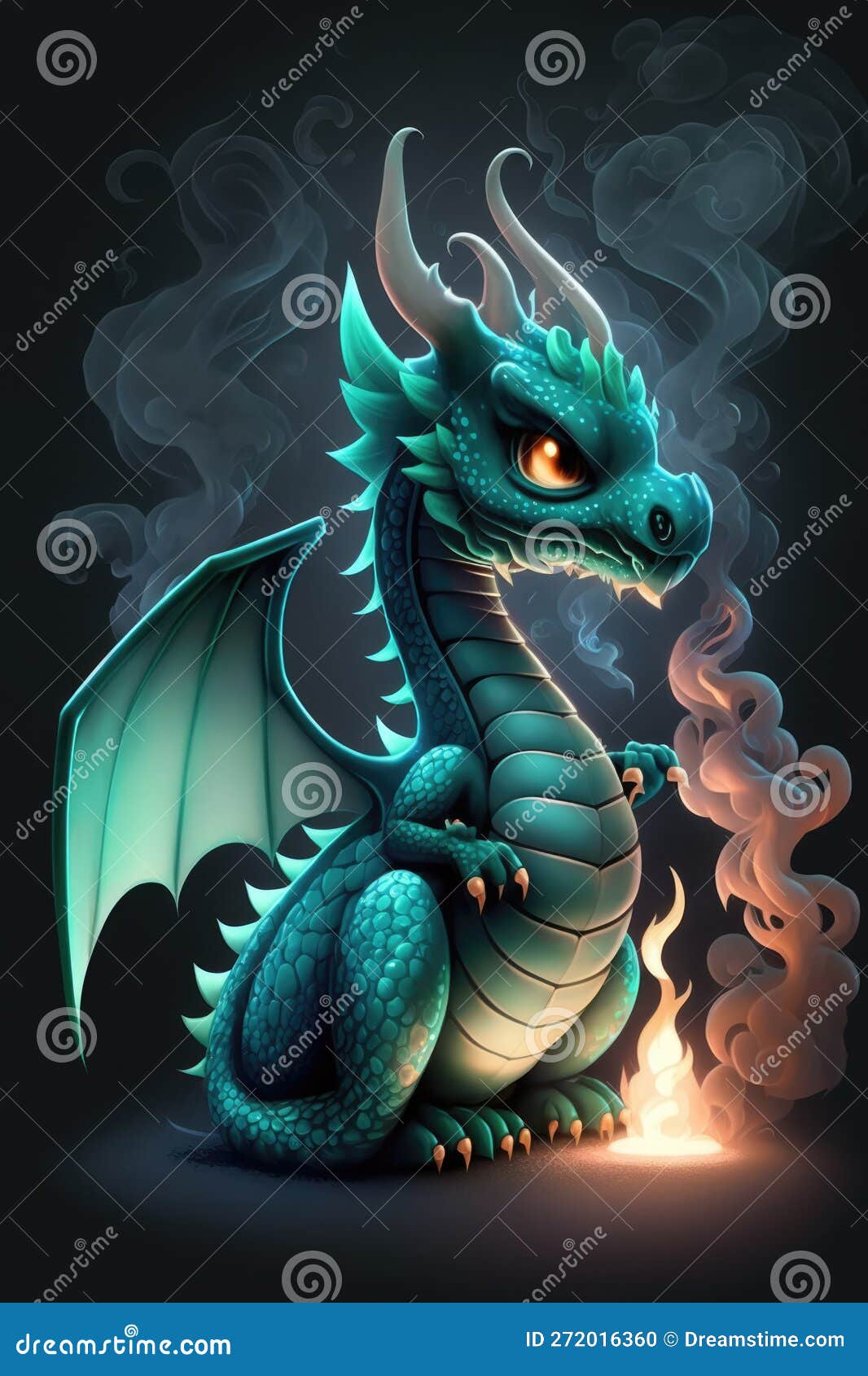 Image of Cute Blue Dragon with Flame and Smoke Trails, Using Generative ...