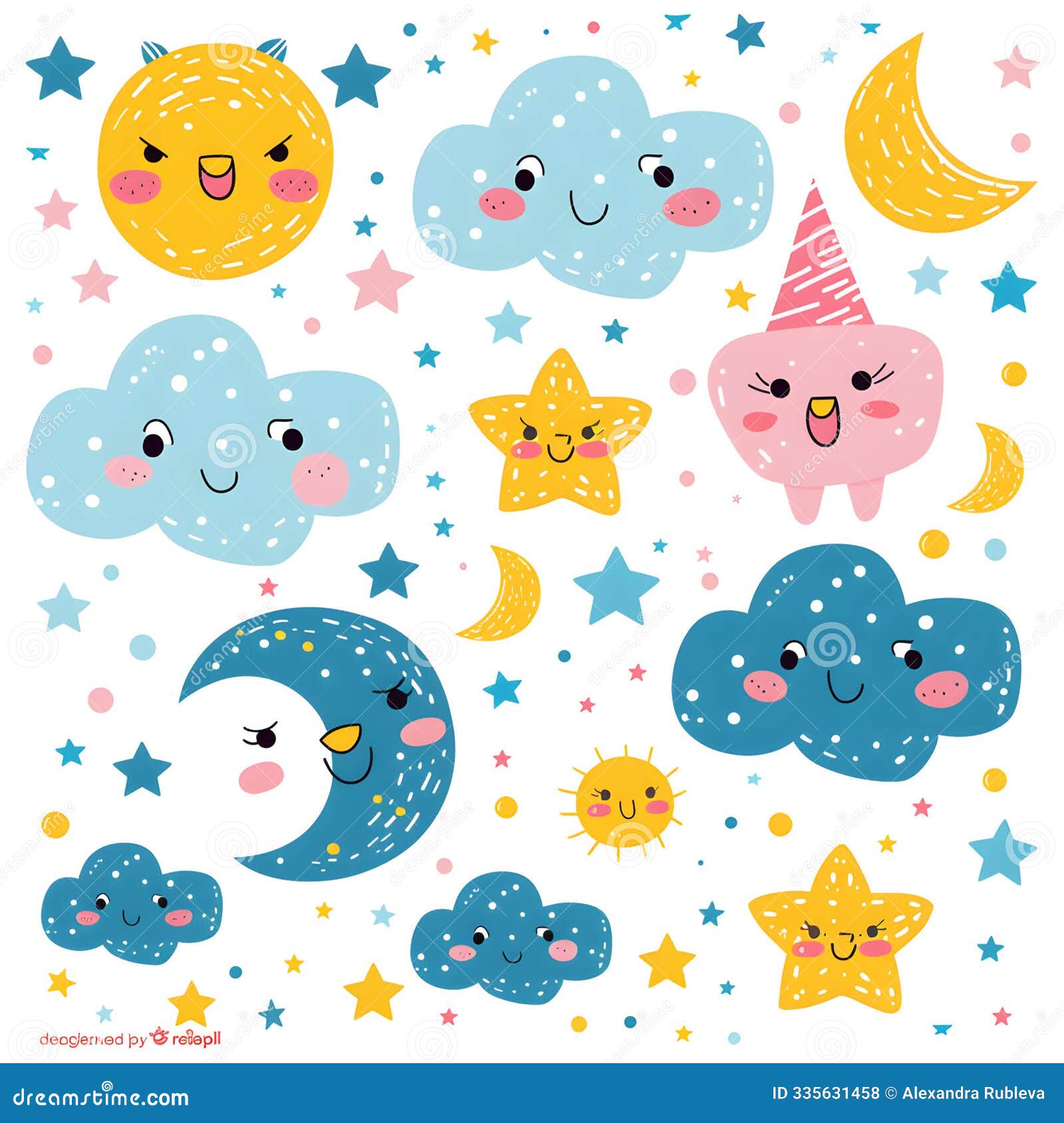 Image of Cute Celestial Objects with Faces, Including Stars, Clouds ...