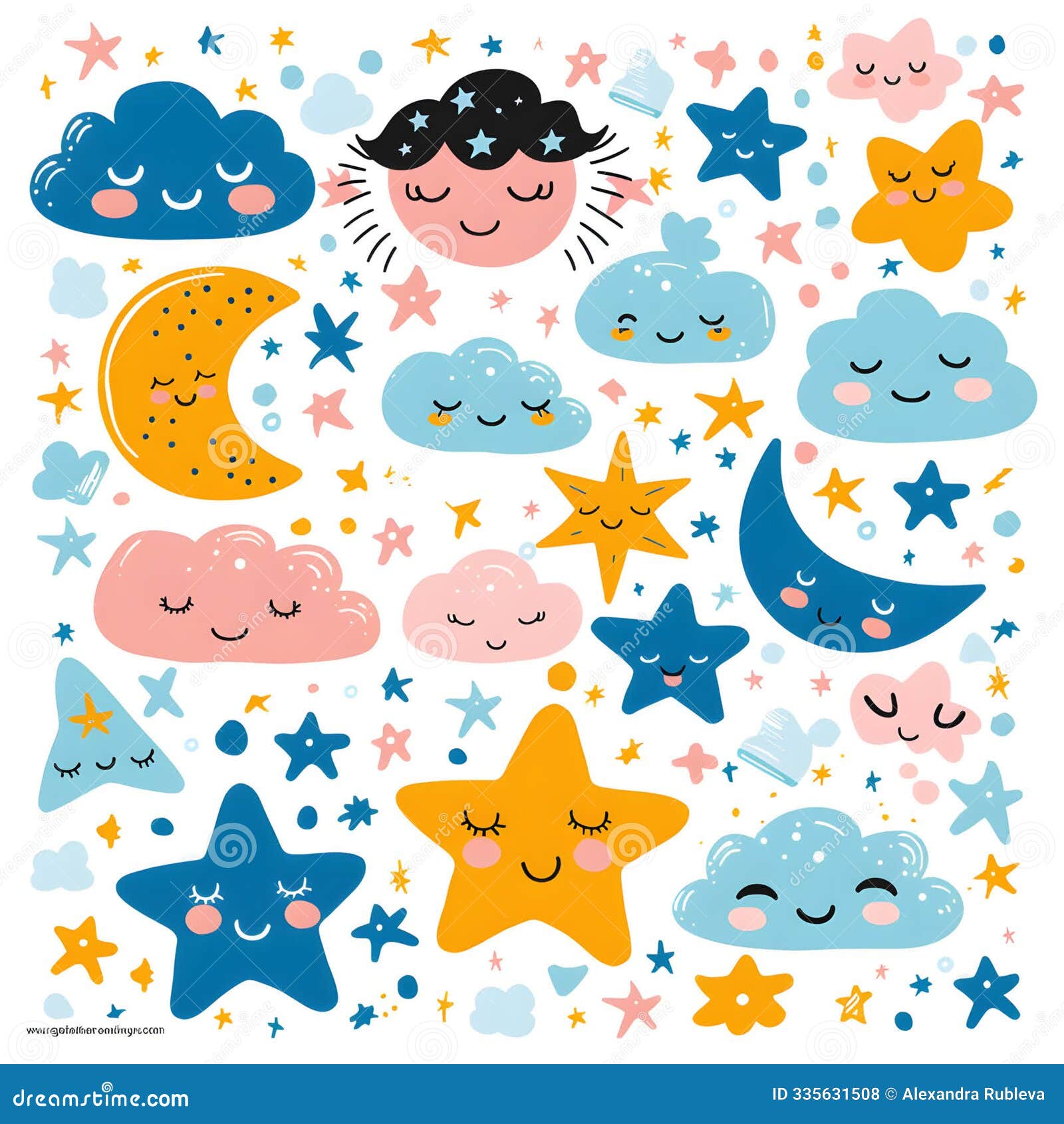 Image of Cute Celestial Objects with Faces, Including Stars, Clouds ...