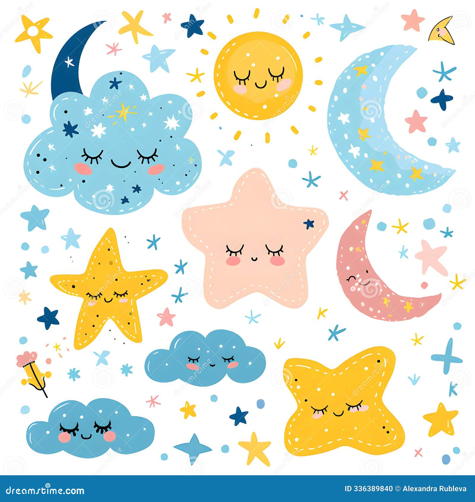 Image of Cute Celestial Objects with Faces, Including Stars, Clouds ...