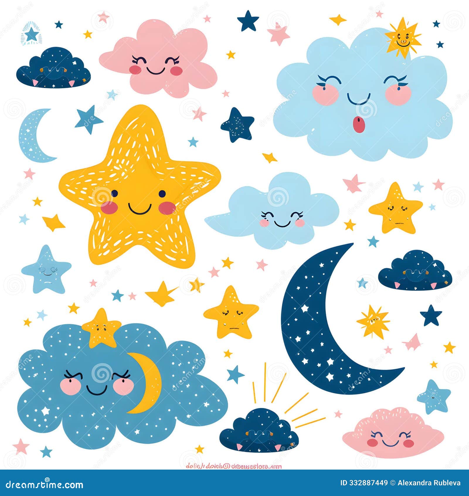 Image of Cute Celestial Objects with Faces, Including Stars, Clouds ...