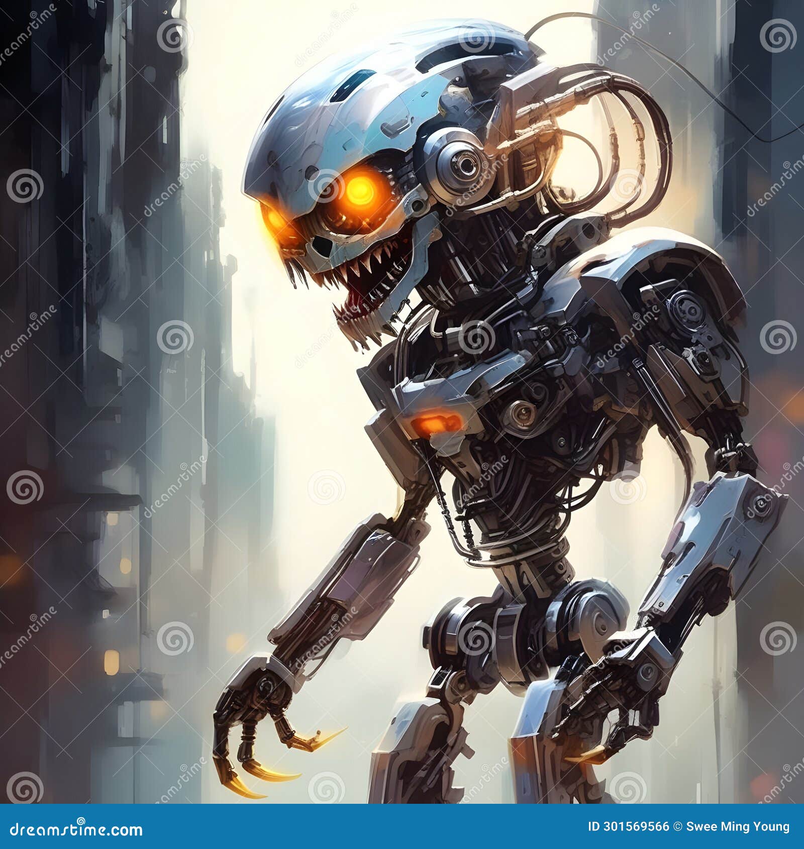 Image of a Cute Horror Robotic Cyborg with Maniacal Smile and Glowing ...
