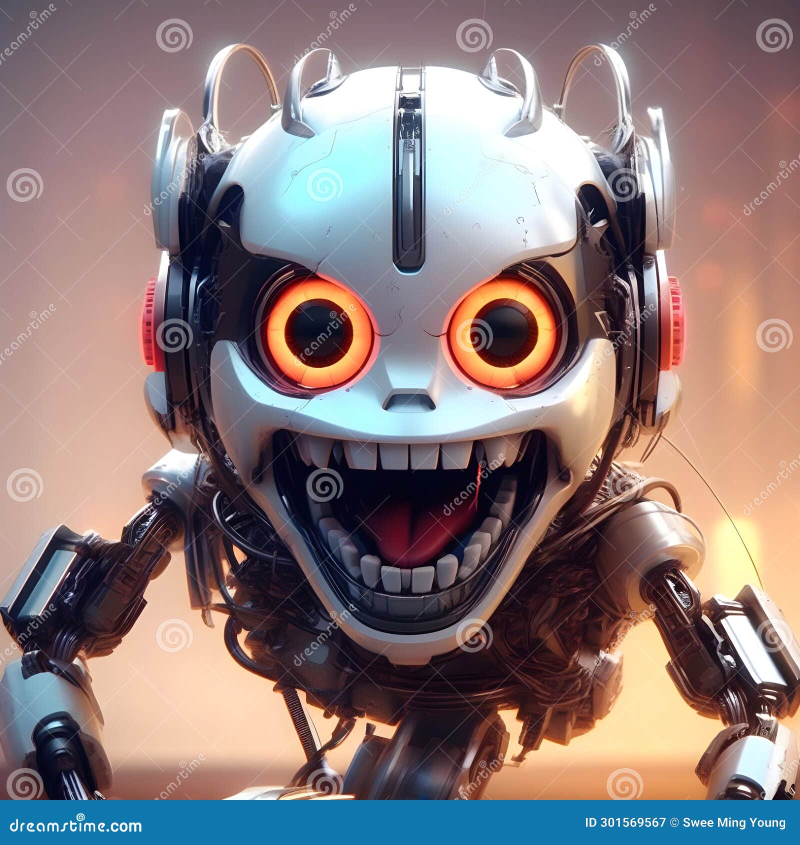Image of a Cute Horror Robotic Cyborg with Maniacal Smile and Glowing ...