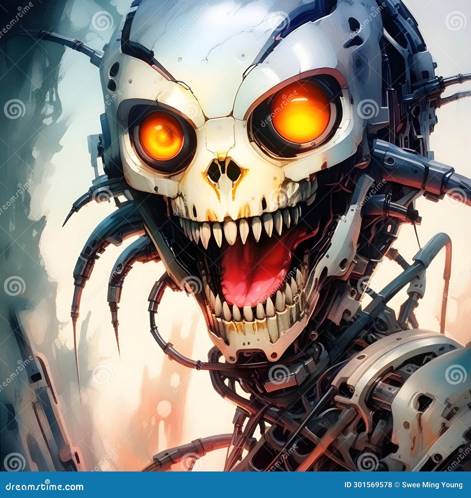Image of a Cute Horror Robotic Cyborg with Maniacal Smile and Glowing ...