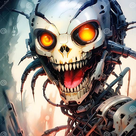 Image of a Cute Horror Robotic Cyborg with Maniacal Smile and Glowing ...