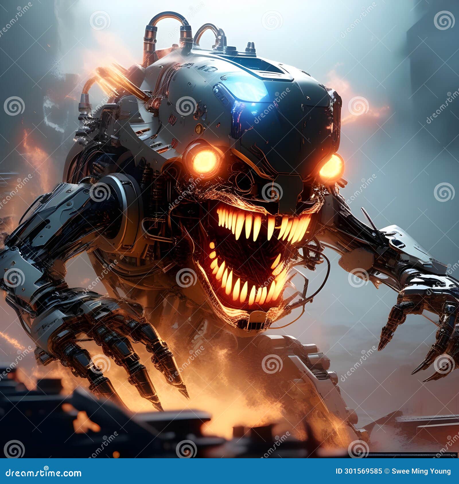Image of a Cute Horror Robotic Cyborg with Maniacal Smile and Glowing ...