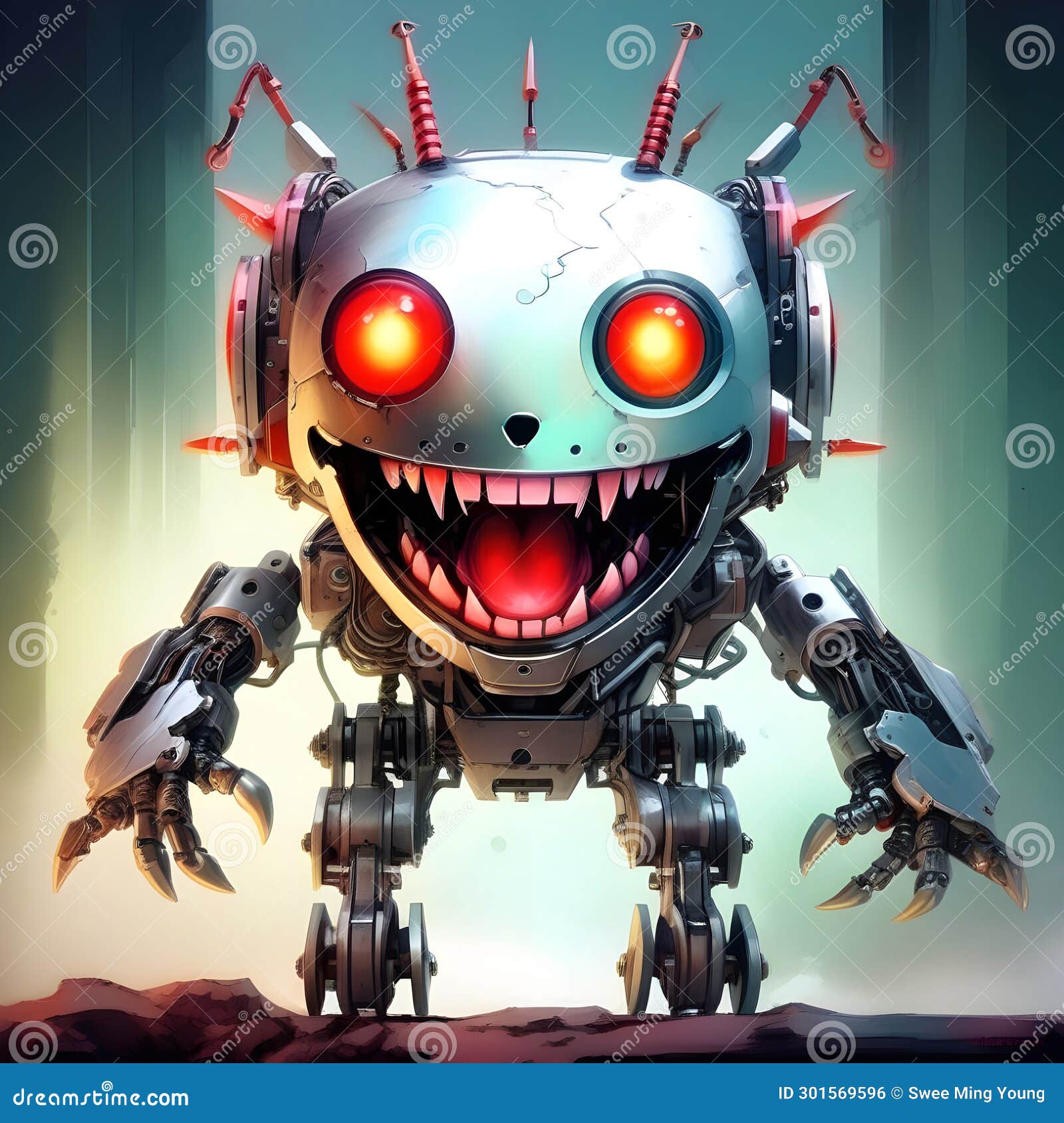 Image of a Cute Horror Robotic Cyborg with Maniacal Smile and Glowing ...