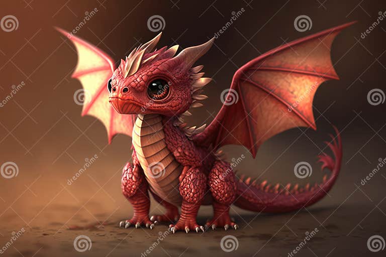 Image of Cute Red Dragon on Gray Background, Using Generative Ai ...