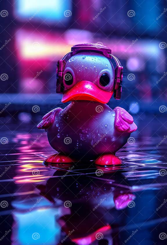 Image of a Cute Rubber Duck with Neon Generative AI Stock Illustration ...