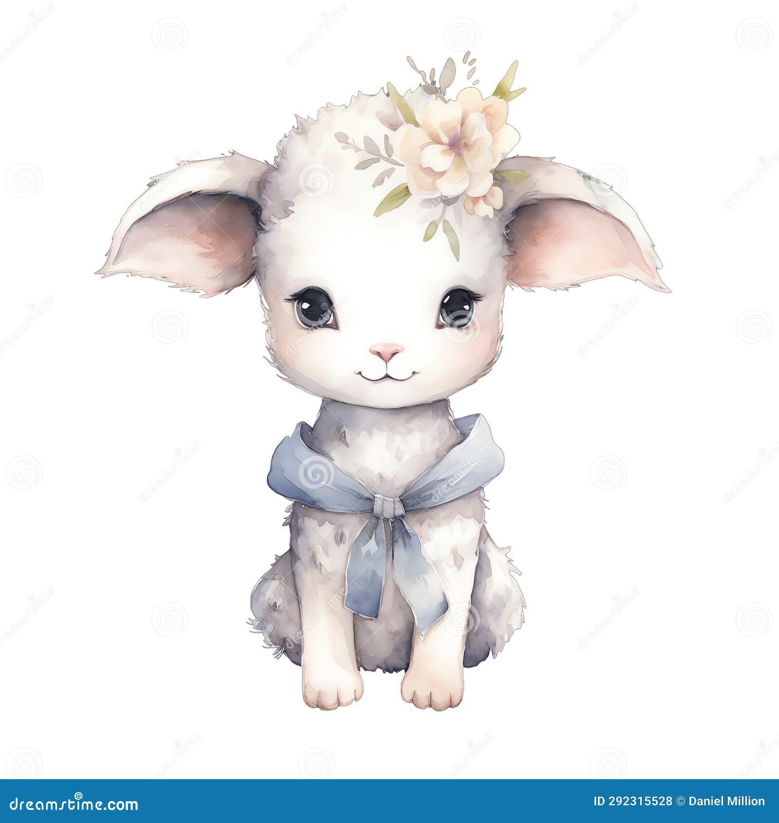 Cute Watercolor Lamb with Flowers and Boho Plants Illustration Stock ...
