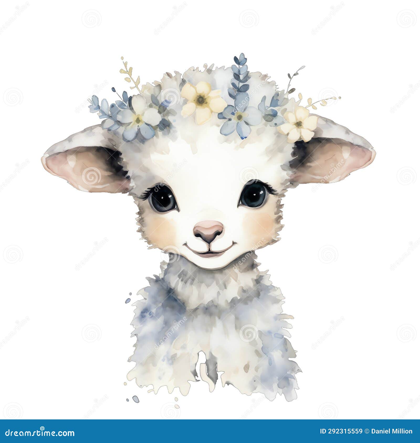 Cute Watercolor Lamb with Flowers and Boho Plants Illustration Stock ...