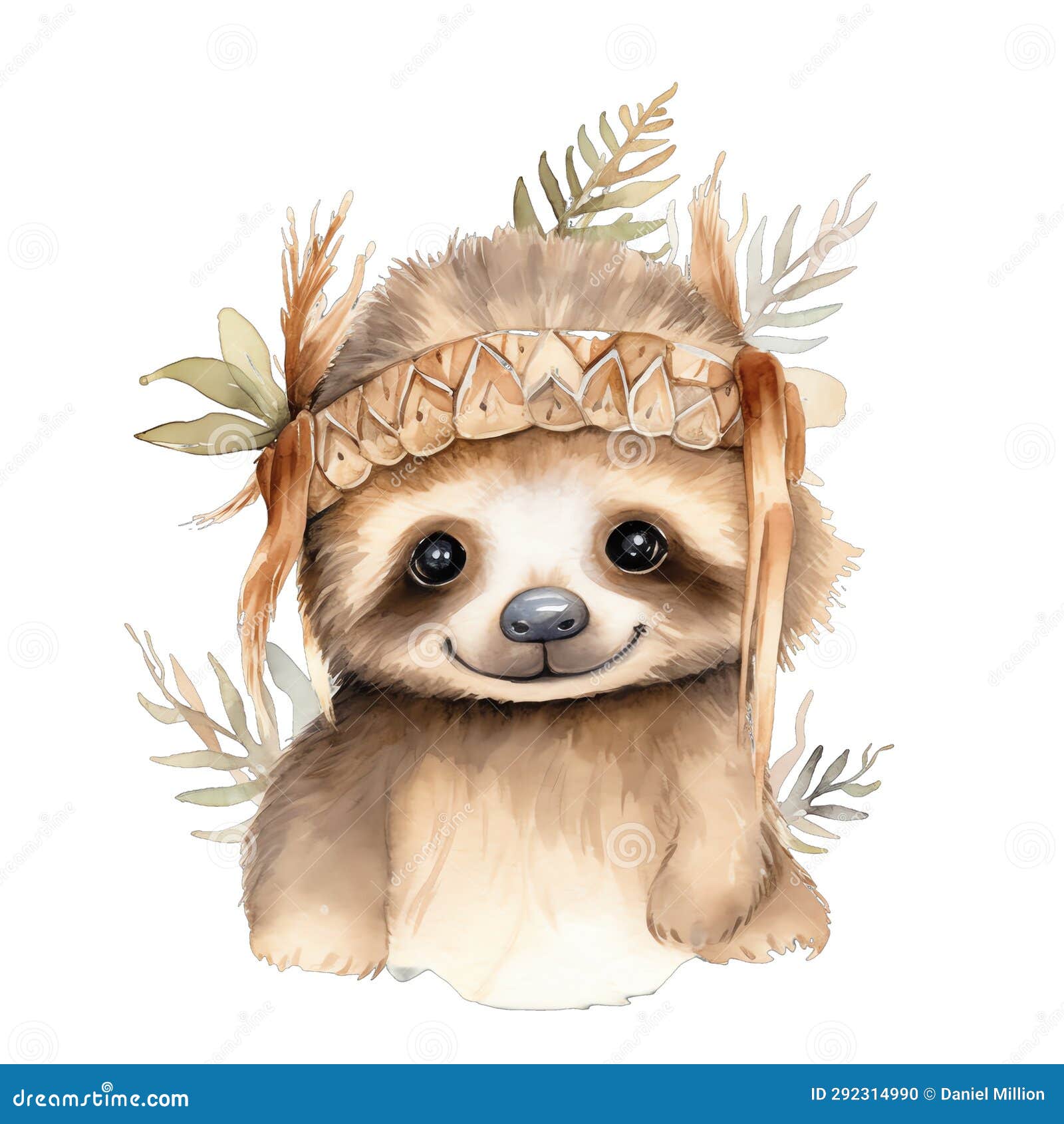 Cute Watercolor Sloth with Flowers and Boho Plants Illustration Stock ...
