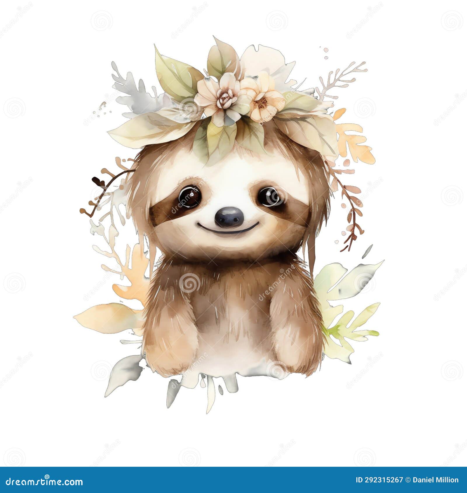 Cute Watercolor Sloth with Flowers and Boho Plants Illustration Stock ...