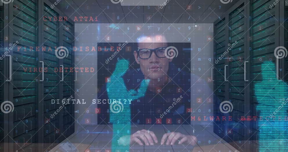 Image of Cyber Attack Warning and Data Processing Over Male Hacker and Computer Servers Stock ...
