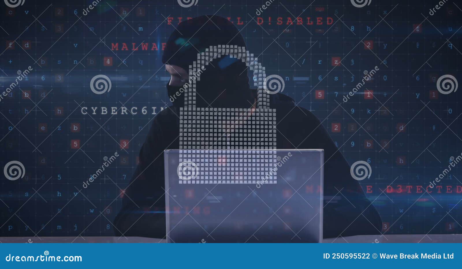 Image of Cyber Attack Warning Over Online Security Padlock and Hacker ...