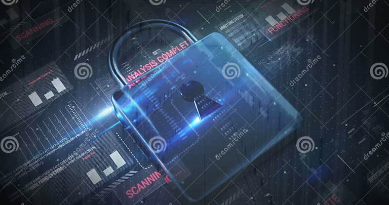 Image of Cyber Attack Warning and Padlock Icon Over Server Room Stock ...
