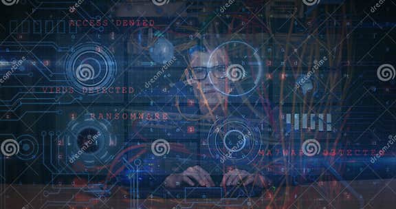 Image of Cyber Attack Warning Text and Data Processing Over Male Hacker Stock Image - Image of ...