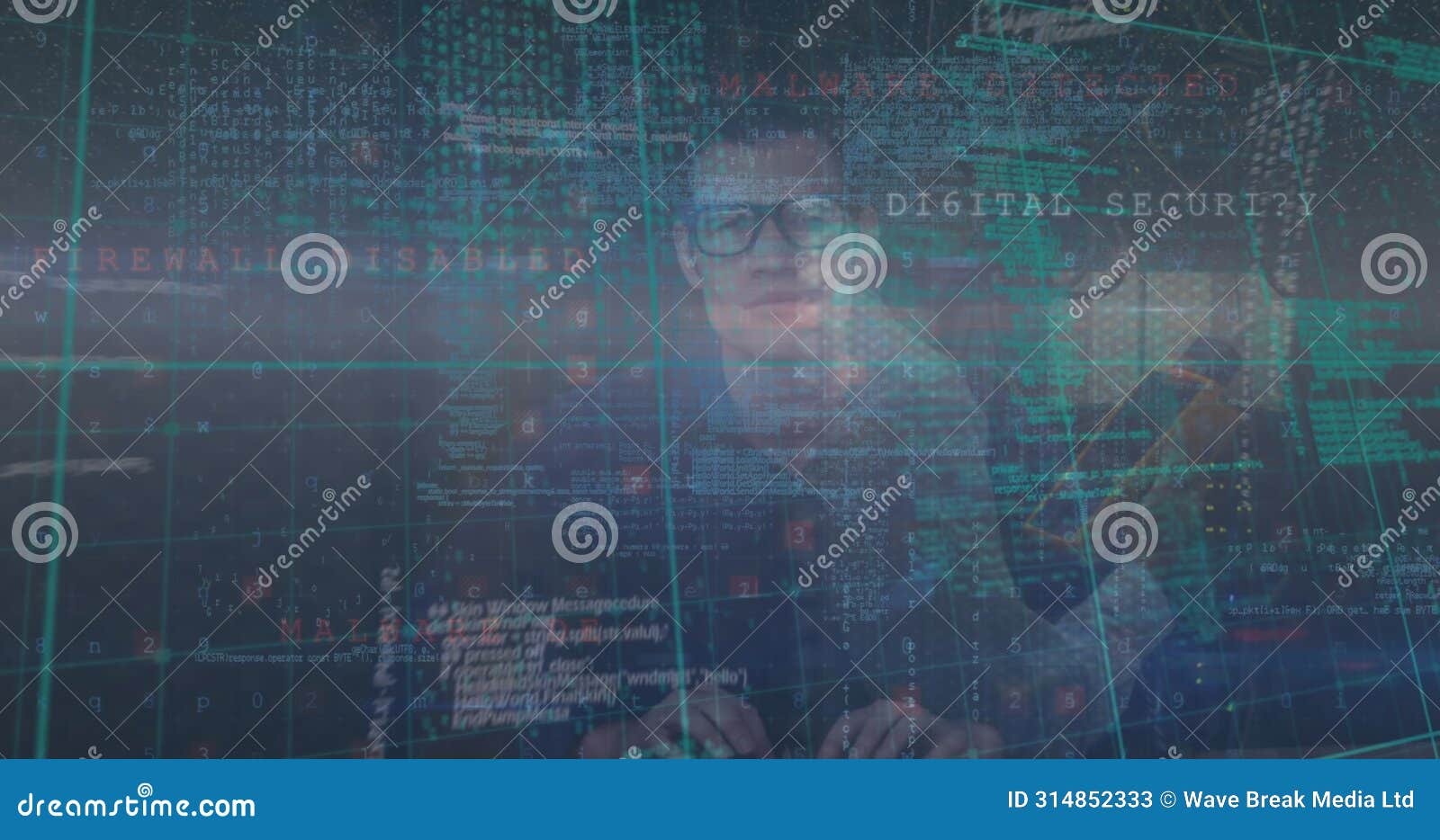 Image of Cyber Security Data Processing Over Portrait of Male Hacker ...