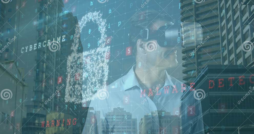 Image of Cyber Security, Digital Padlock and Numbers Over Caucasian Man ...