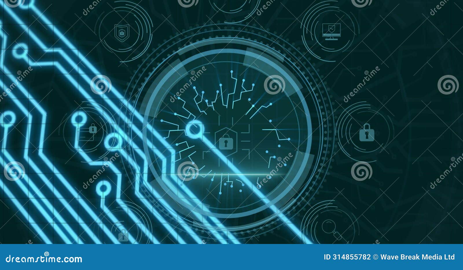 Image of Cyber Security Text, Shield, Icon in Circles, Padlock in ...