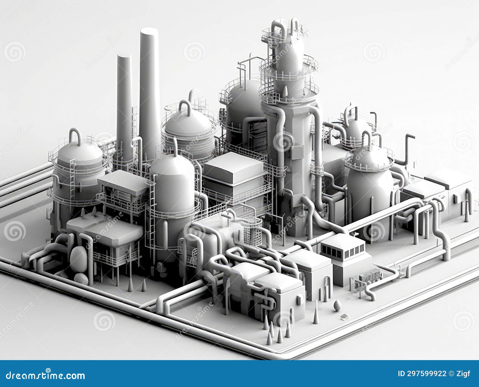 Image is 3D Model of an Industrial Complex, Featuring Several Tall ...
