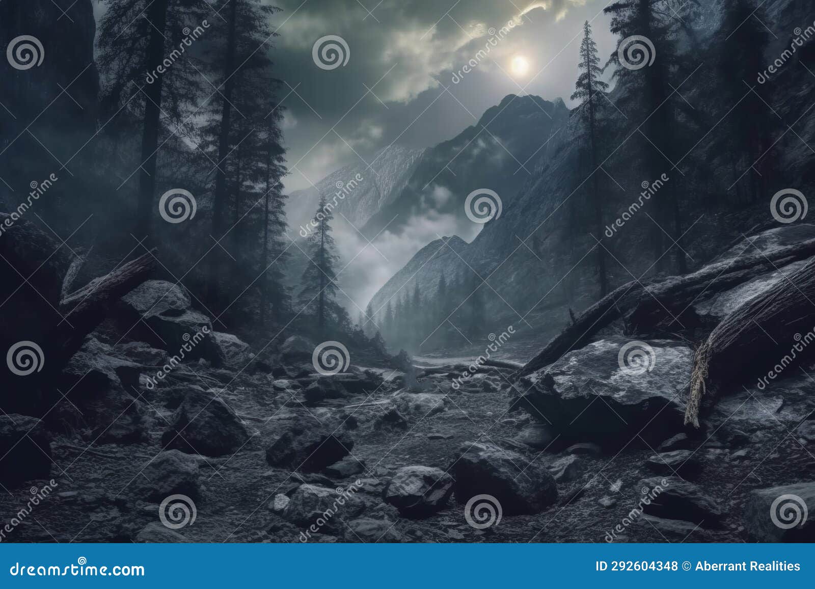 An Image of a Dark Forest with Rocks and Trees Stock Illustration ...