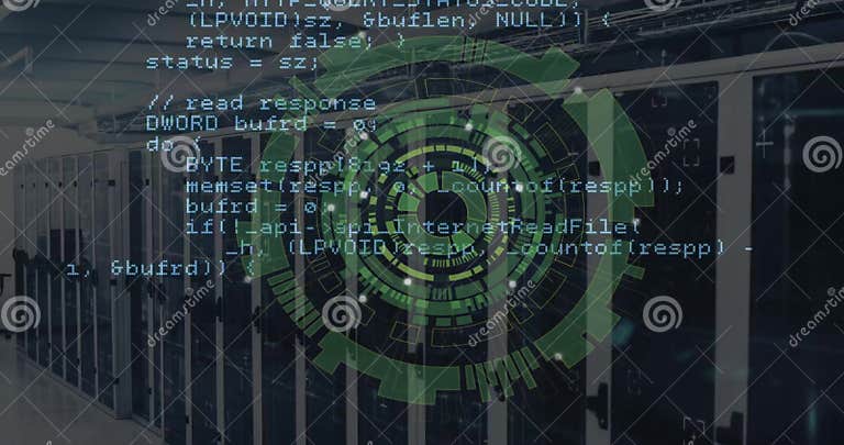 Image of Data Coding and Circular Scanner Over Server Room Stock Illustration - Illustration of ...
