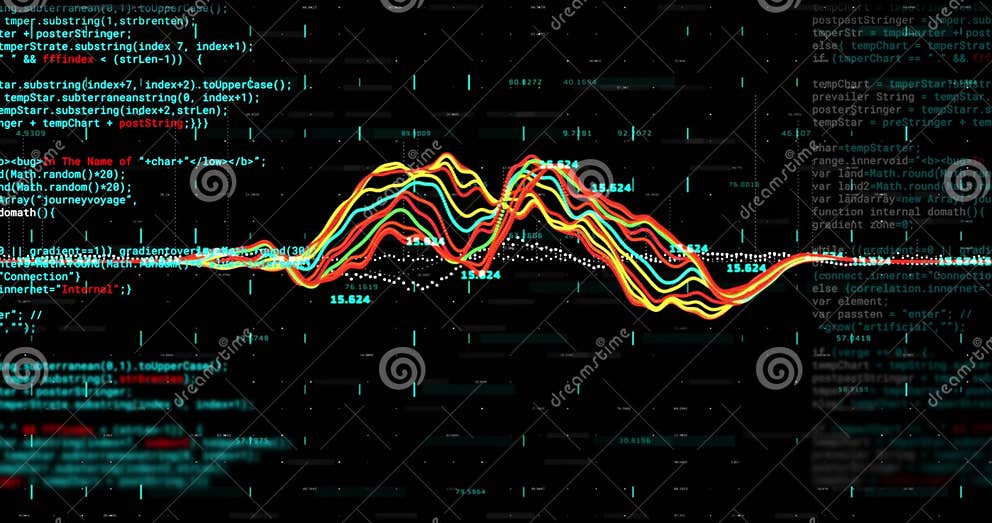 Image of Data and Colourful Graph Processing Over Grid on Black Background Stock Illustration ...