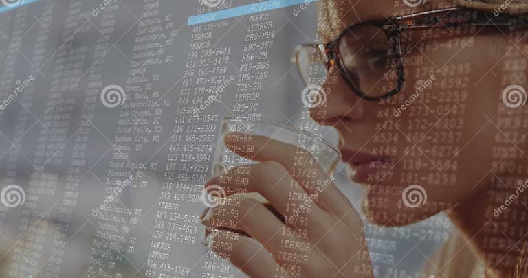 Image of Data Processing Against Close Up of a Caucasian Woman Drinking Coffee Stock Image ...