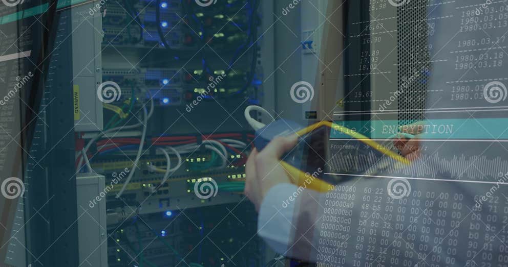 Image of Data Processing on Computer Screens Over Man Checking Computer ...