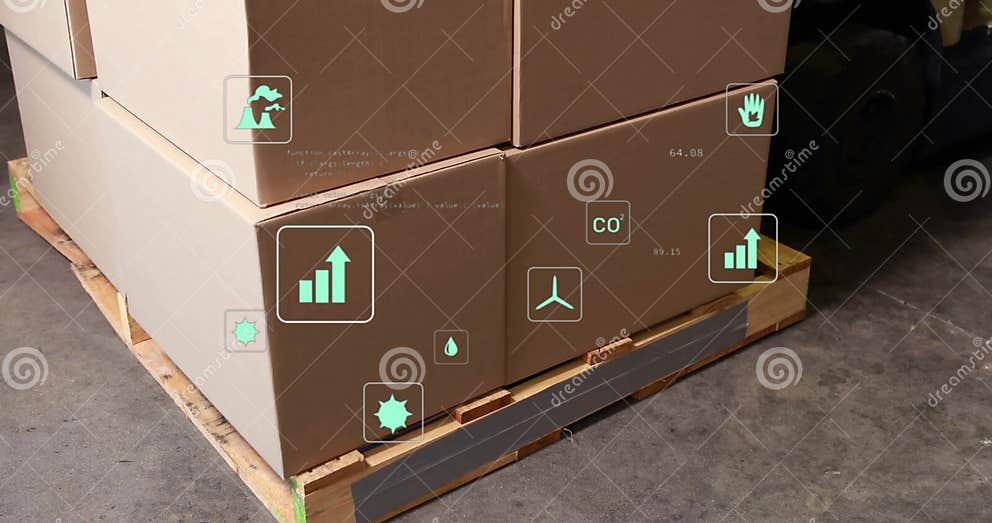 Image of Data Processing and Ecology Icons Over Warehouse Stock Illustration - Illustration of ...