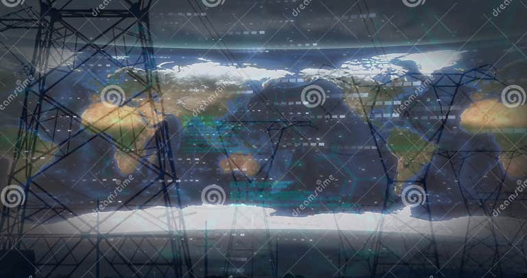 Image of Data Processing and Electricity Pylons Over World Map Stock ...
