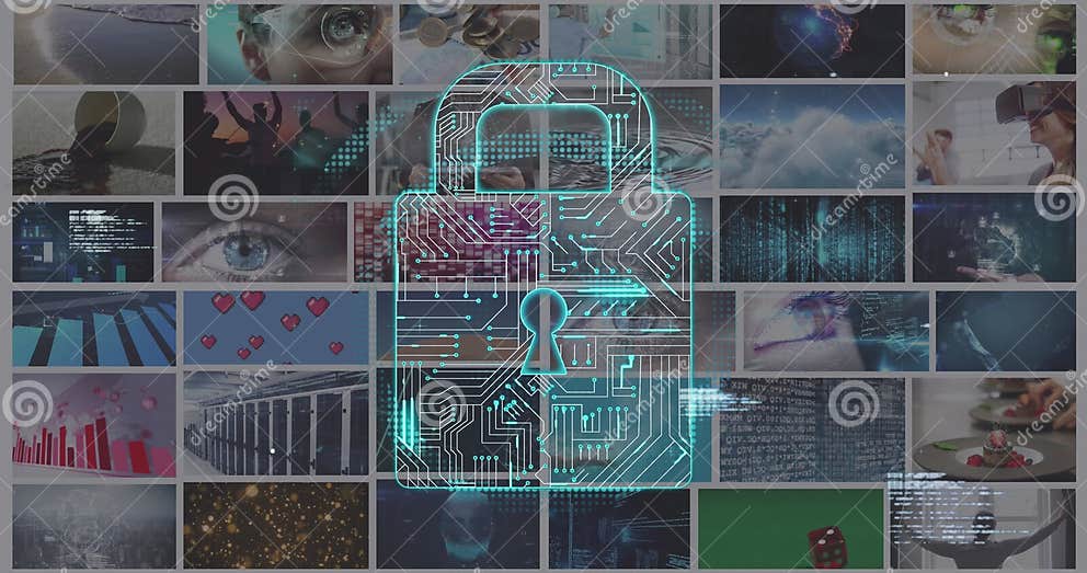 Image of Data Processing and Glowing Padlock Over Various Clips Playing ...