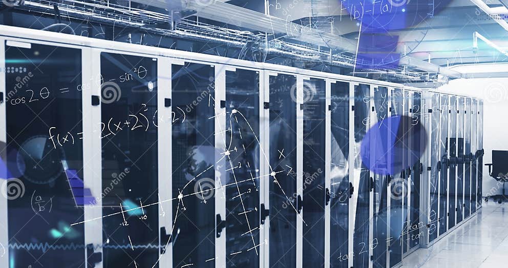 Image of Data Processing and Mathematical Equations Against Plexus Networks Over Server Room ...