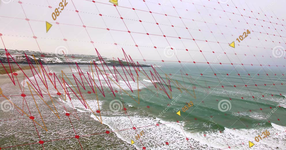 Image of Data Processing Over Aerial View of Sea Waves and the Beach Stock Photo - Image of ...