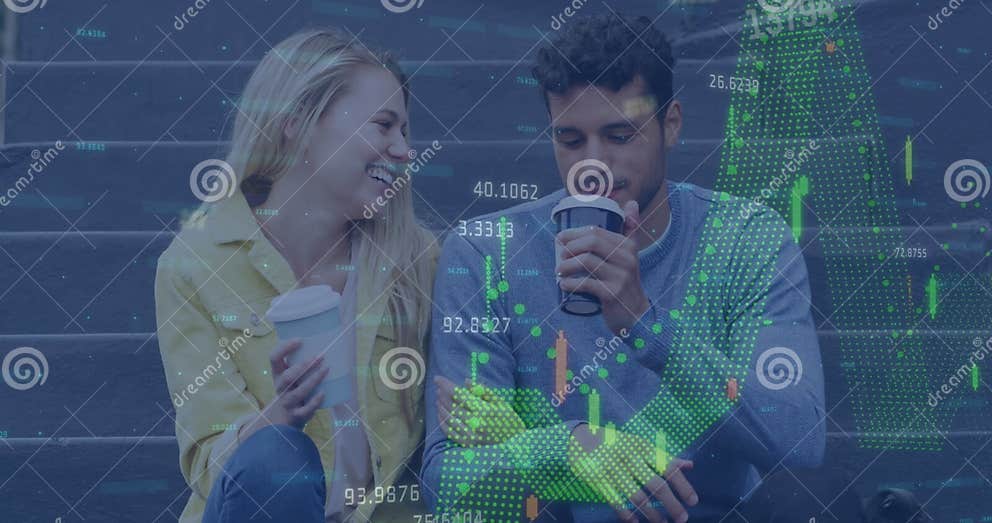 Image of Data Processing Over Caucasian Couple Drinking Coffee Stock Photo - Image of caucasian ...