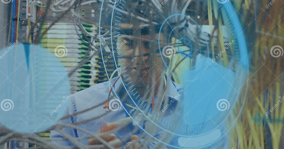 Image of Data Processing Over Caucasian Male Engineer Connecting Wires Stock Photo - Image of ...