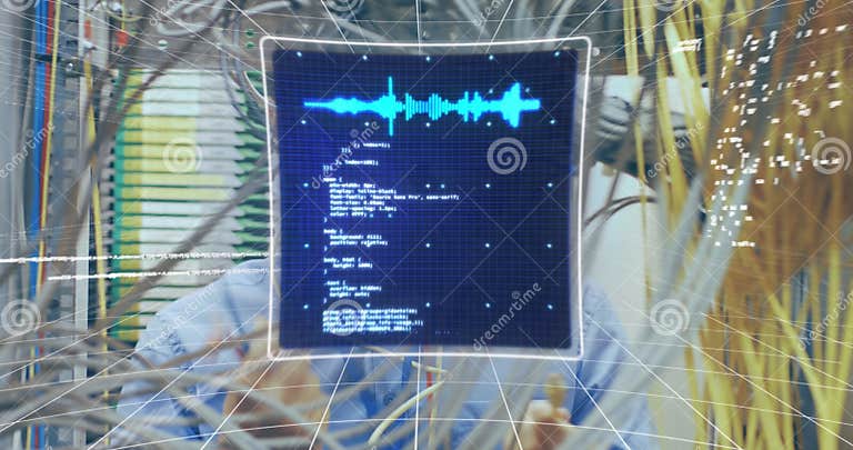 Image of Data Processing Over Caucasian Male it Engineer Fixing Cables ...